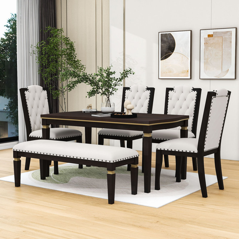 Lark Manor Averielle 6 Piece Kitchen Dining Table Set Rectangular Table 4 High Back Tufted Chairs and 1 Bench Wayfair